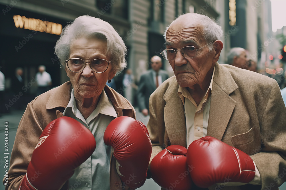 Pensioners boxing on street in USA. Grandmother boxing with grandfather ...