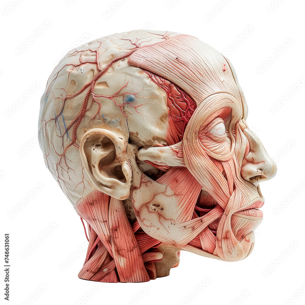 Anatomical Model of Human Head Showcasing Muscles and Blood Vessels in ...