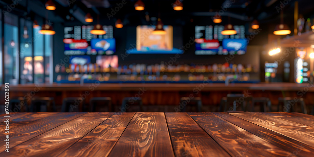 Empty wooden counter in sports bar or pub with blurred TV displays with ...