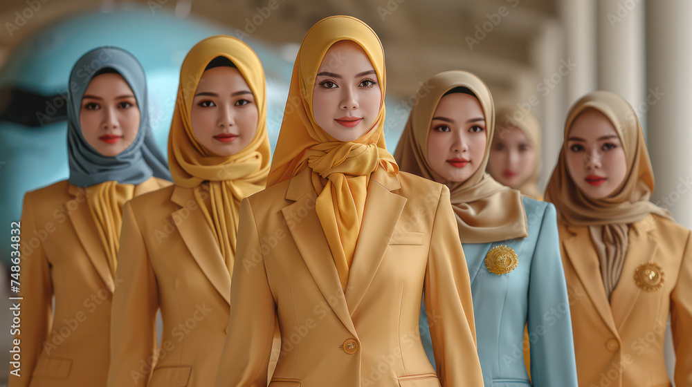 A group of female Asian Muslim pilot captains wore pilot uniforms and ...