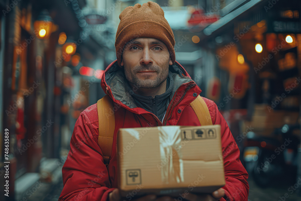 A delivery man in a red suit carries a cardboard box to a customer's ...