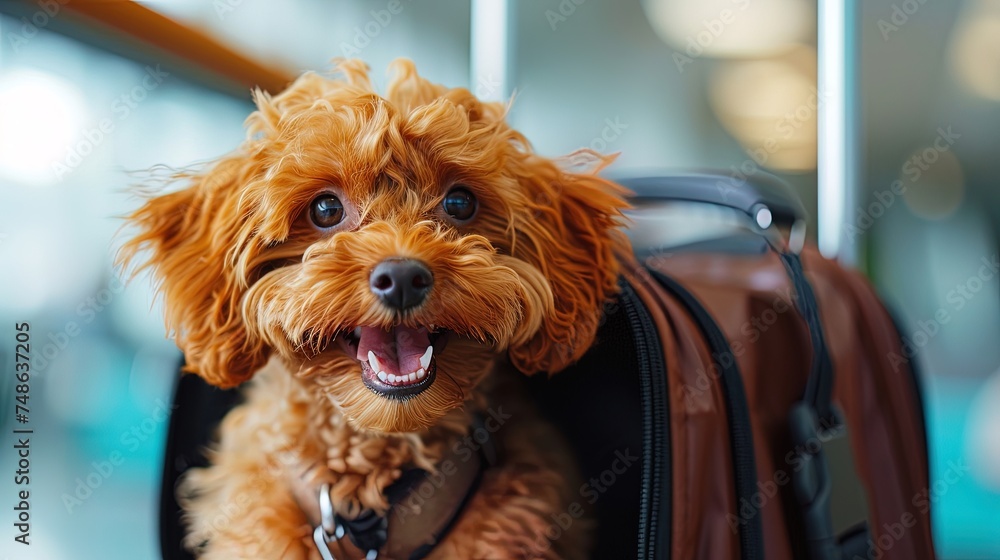 Happy, laughing puppy sits inside a dog carrier on an airport seat ...