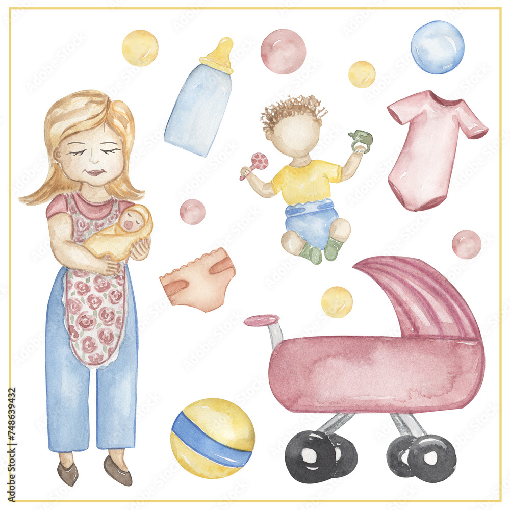 Watercolor Nanny clipart, hand drawn illustration. Nanny working with ...