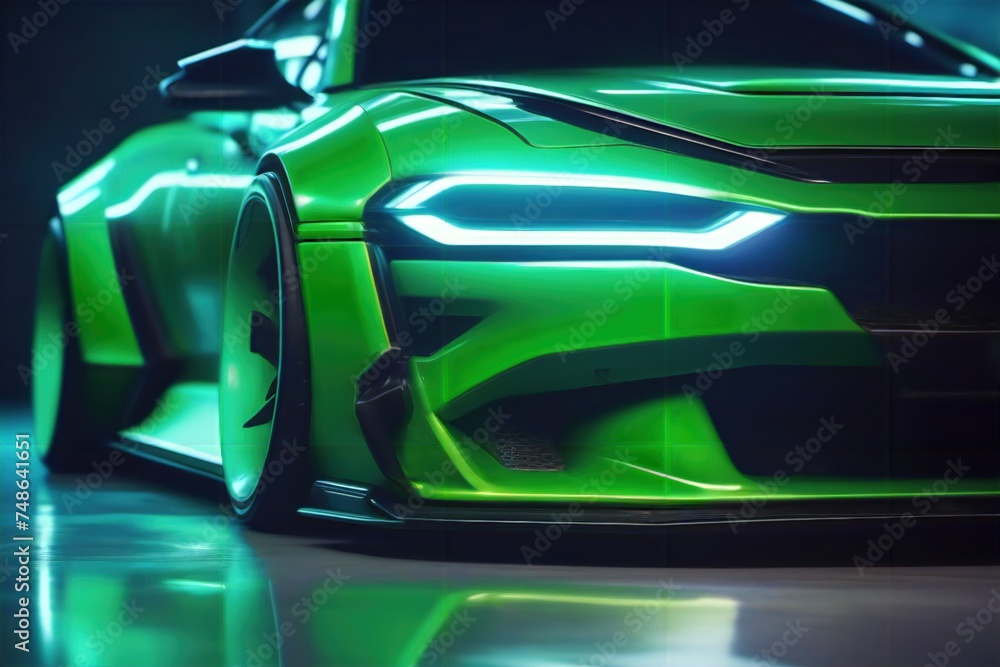 Vibrant cyberpunk style:Close up view of a sport green color car with ...