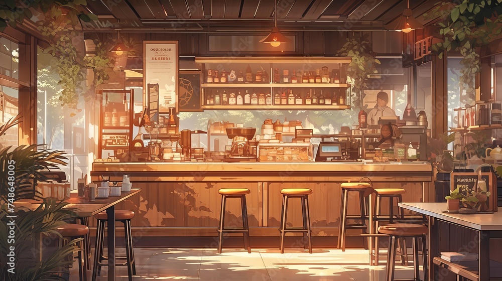 Anime-style illustration of a cozy cafe interior with wooden furniture ...