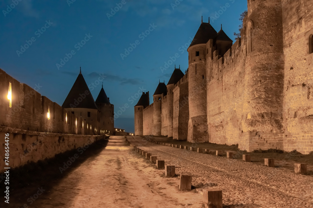 View by night over moat between rows of fortified walls with battlement ...