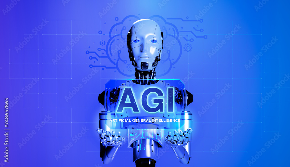 Artificial general intelligence (AGI) concept. 3d human robot showing ...