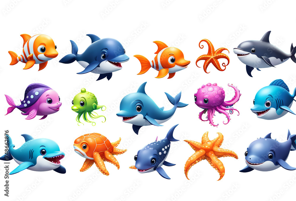 Set of Ocean Creatures on isolated on transparent png background ...