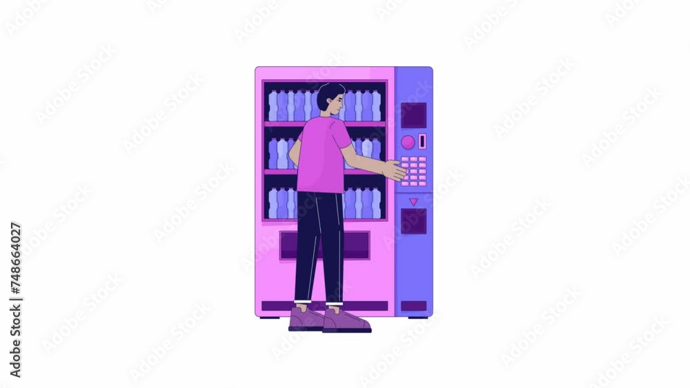 Indian man buying beverage vending machine line 2D character animation ...