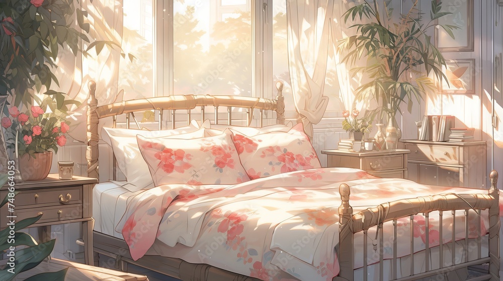 Anime-style illustration of a cozy bedroom with unmade bed, pink plaid ...