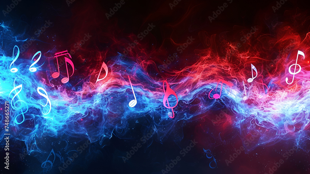 Bright staff with music notes and other musical symbols on black ...