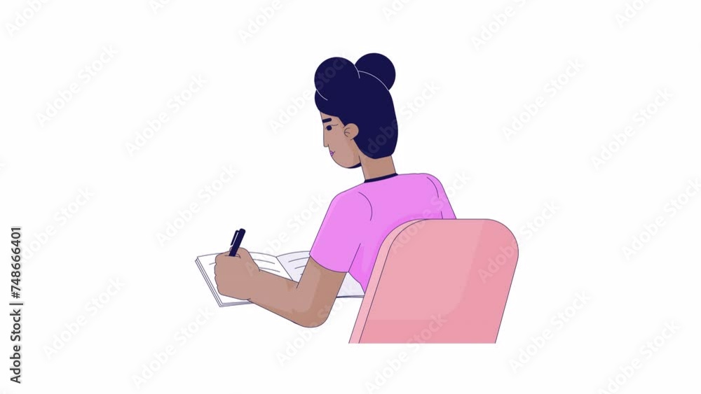 Study girl african american line 2D character animation. Studying ...