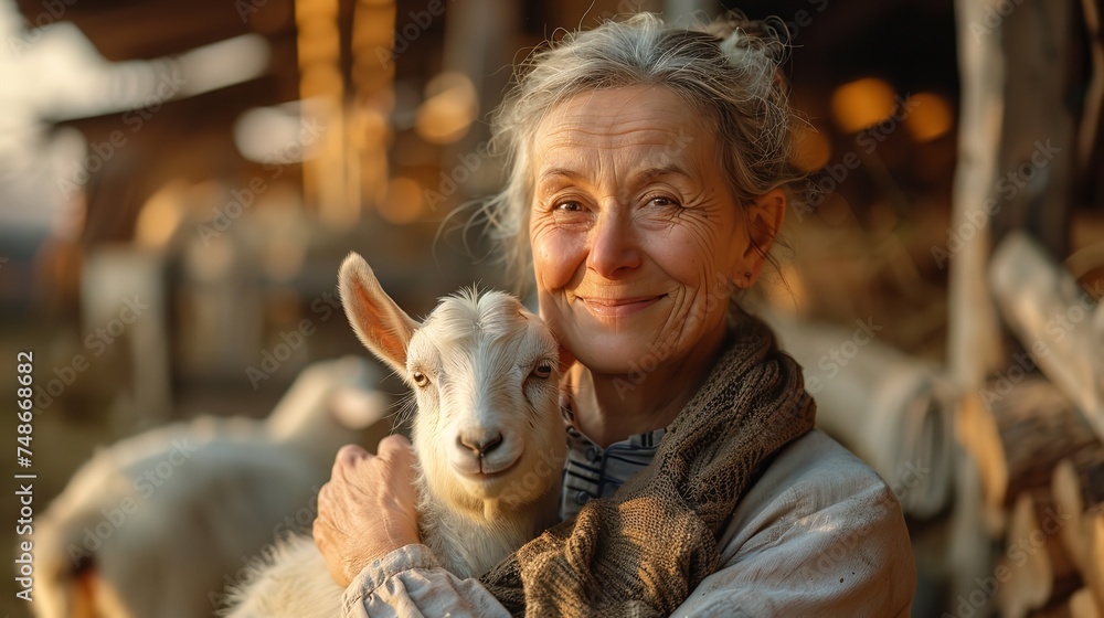 Portrait of a middle aged woman holding goat in her lap in front of her ...