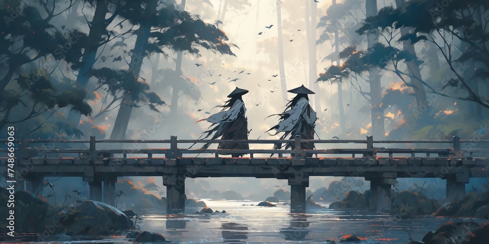 Epic duel of samurai warriors with swords on wooden bridge in ancient ...