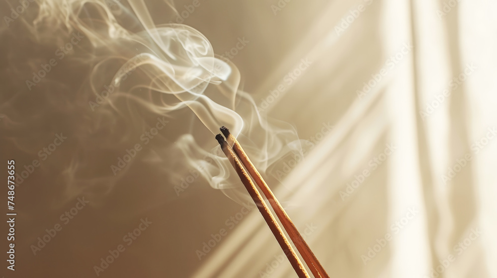 Aesthetic incense sticks with smoke on a light sunny background. Spa ...