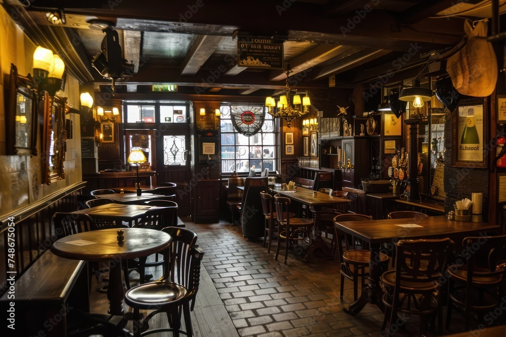Traditional English pub, with hearty dishes like fish and chips ...