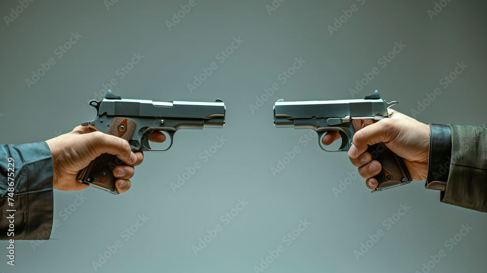 Two hands holding pistols in a standoff against a neutral background ...