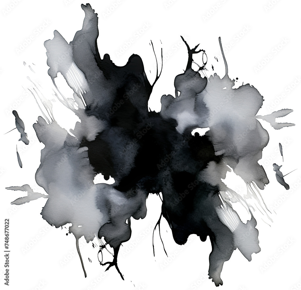 black watercolor ink blot isolated on a white transparent background ...