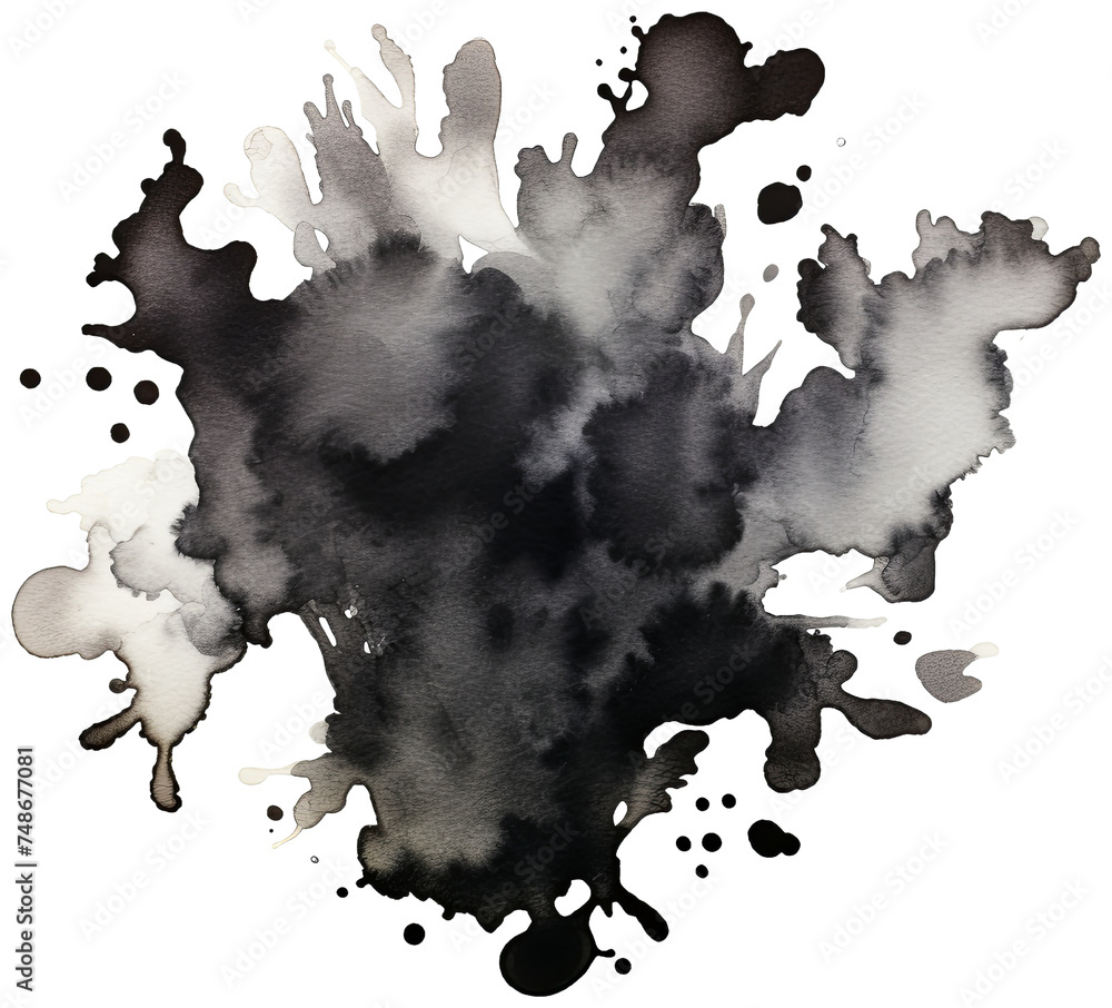 black watercolor ink blot isolated on a white transparent background ...
