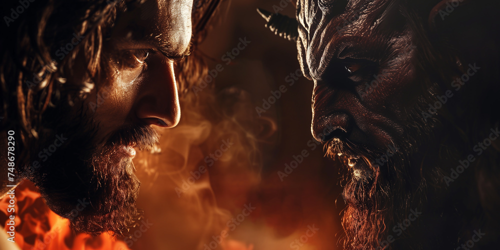 Jesus vs satan face off. Religious battle of good versus evil banner ...