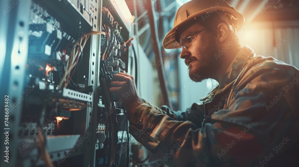 experienced technician works on switchboard with electrical connecting ...