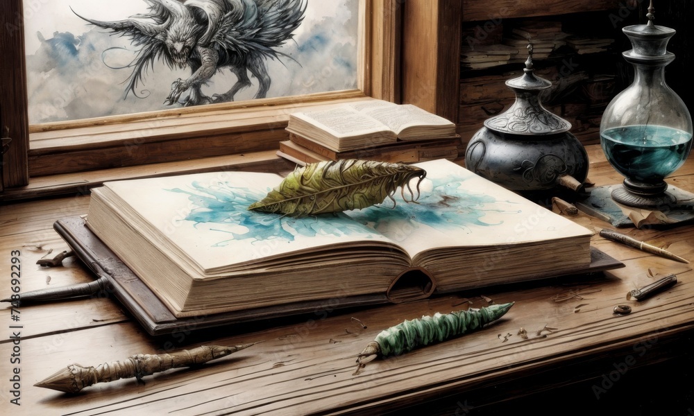 An enchanted book spills vibrant blue ink, giving life to a mystical ...
