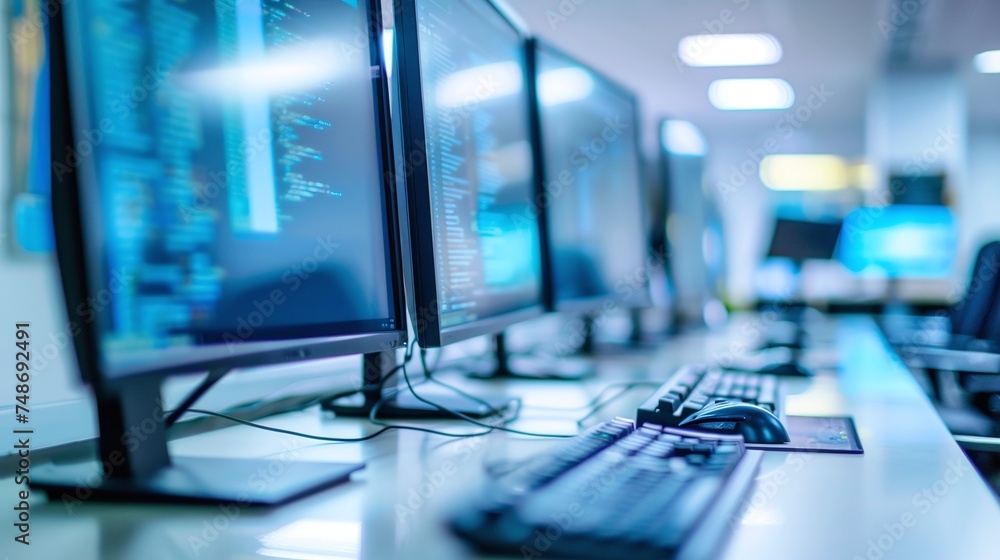 captivating scene of a bright modern office with a row of computer ...