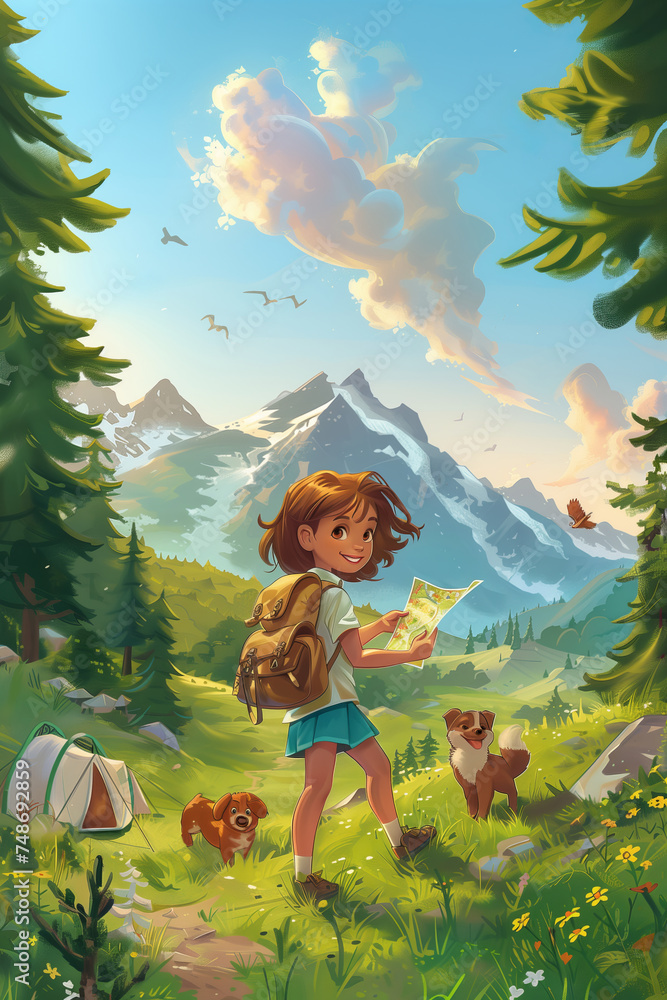 happy girl scout in search of adventure. a girl with a map in her hands ...