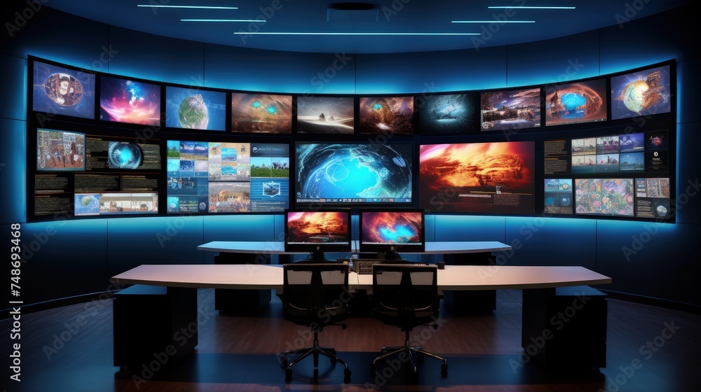 The multimedia news studio features a dynamic video wall that displays ...