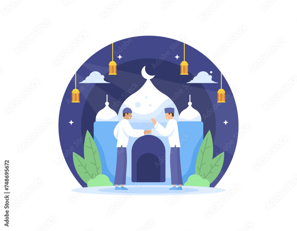 illustration of two Muslim men shaking hands. apologize to each other ...