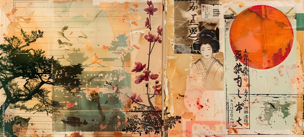 Japanese collage art. A composite of traditional elements, featuring a ...