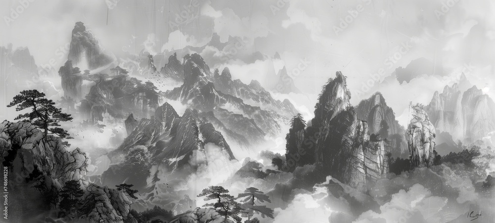Chinese ink landscape painting. This panoramic artwork features ...