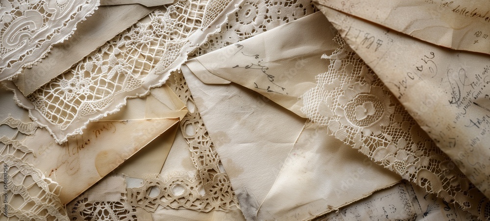 Vintage correspondence theme. A collection of aged paper with delicate ...
