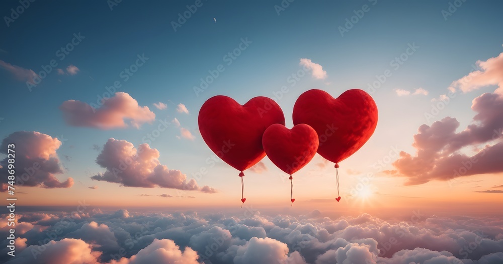 In an imaginative sky, a Cupid perches atop heart-shaped balloons ...