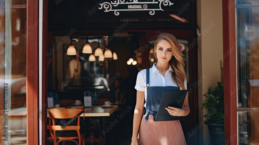 Nice hostess girl standing near entrance to small European style cafe ...