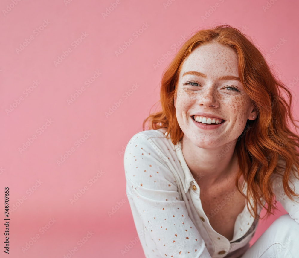Young ginger laughing woman with face with a lot of many freckles in ...