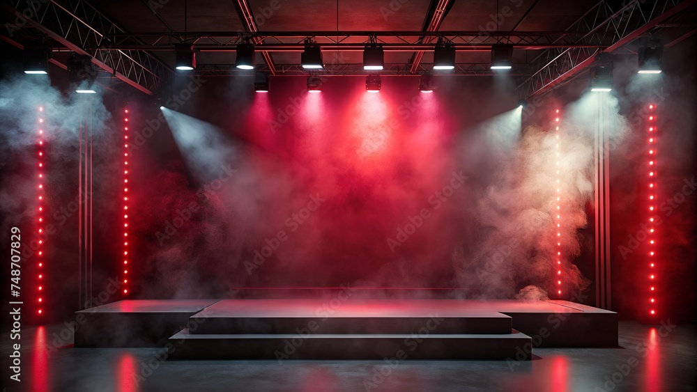 red smoke stage with smoke and fog. neon light. sci fi stage with empty ...