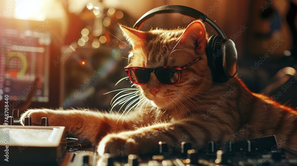 groovy ginger cat with stylish sunglasses and headphones, acting as a ...