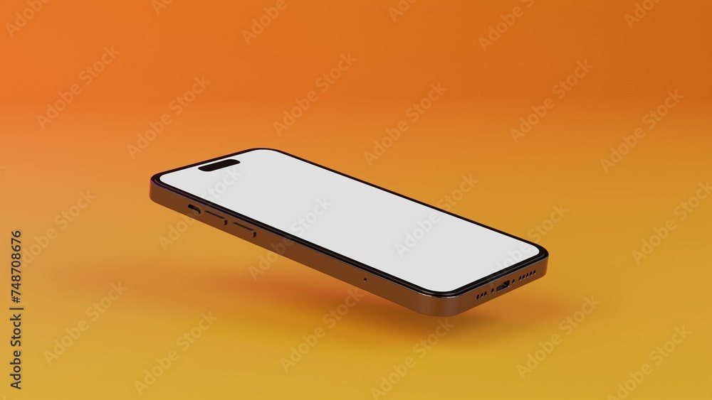 Smartphone with blank white screen on orange backdrop. One mobile phone ...