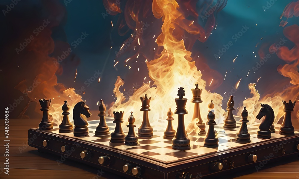 A chessboard scene dramatically illuminated by a lightning strike, with ...