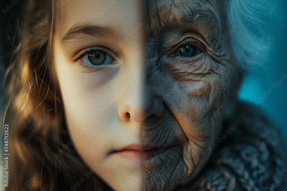 Foto de Face divided into two halves - one half of little girl and half ...