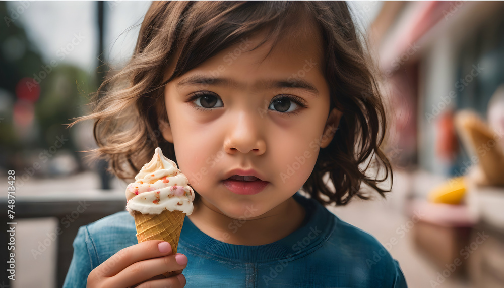 A child's disappointed face after dropping an ice cream cone, capturing ...