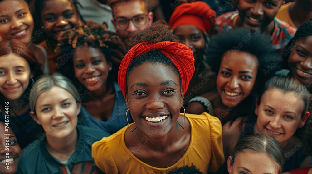 large group of multi ethnic people smiling in high angle shot ...