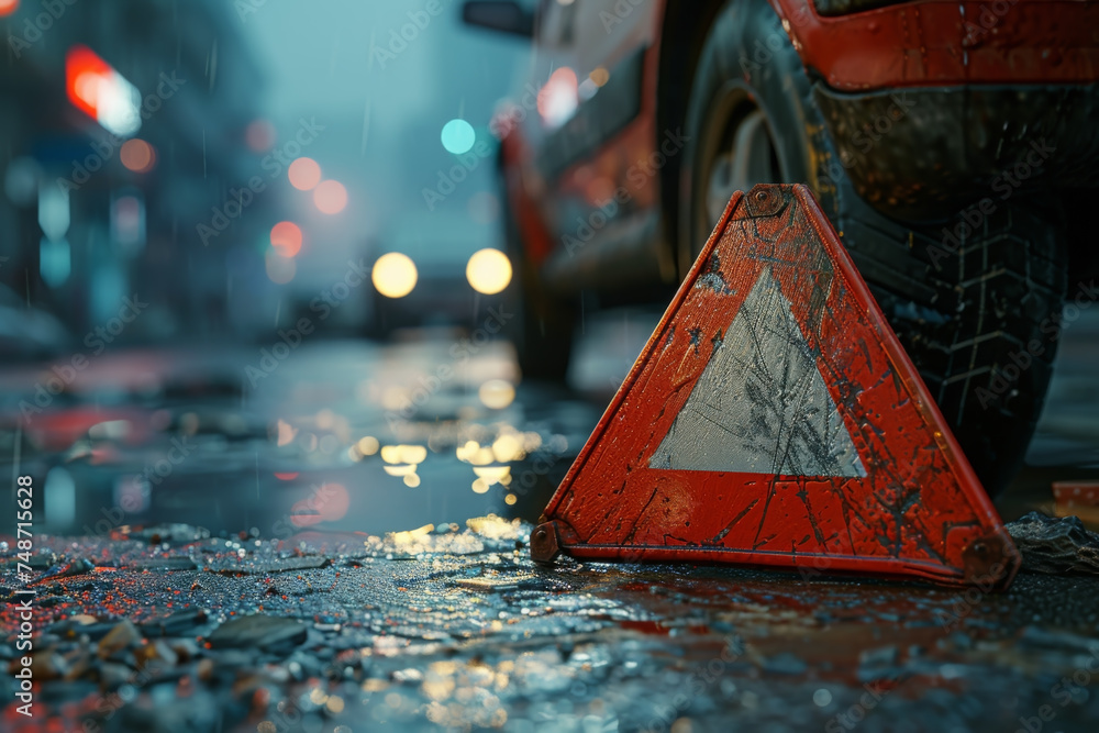 Red emergency stop sign, red triangle warning sign on wet road at ...