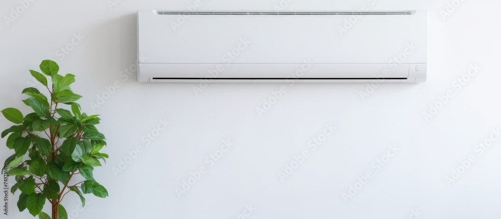 A white wall mounted air conditioner stands next to a vibrant green ...
