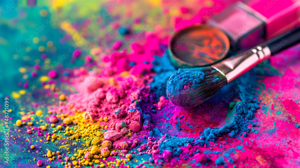 Vibrant colorful piles of pigment powders and paint brushes on colorful ...