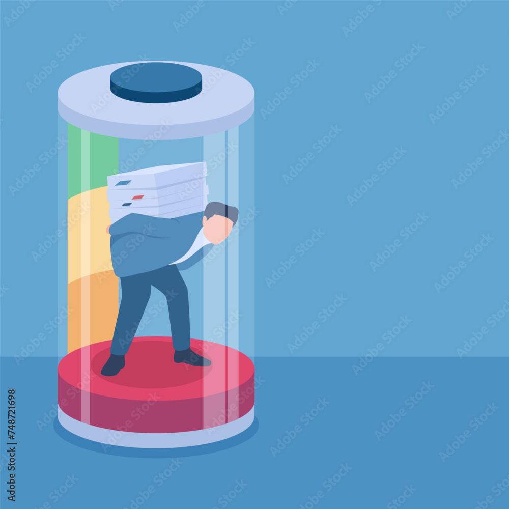 Man carrying a stack of papers inside a red battery indicates a low ...