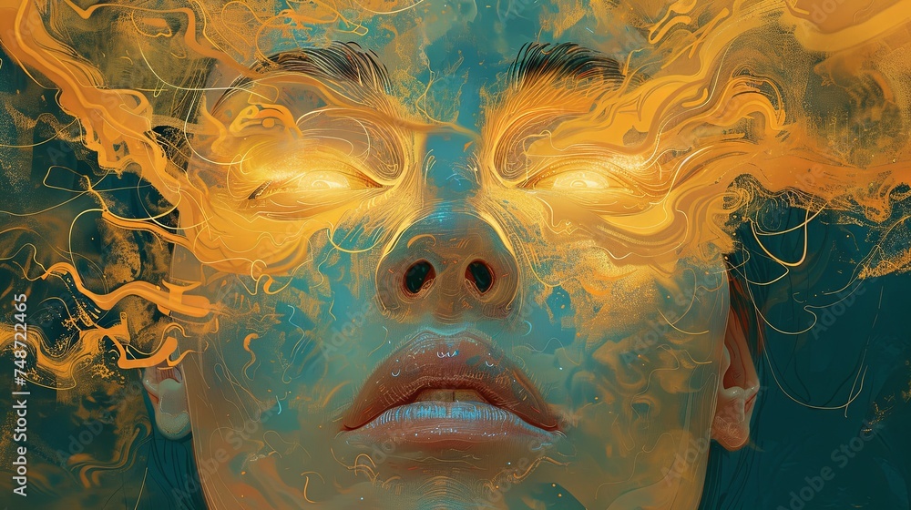An evocative digital portrait that captures a face immersed in golden ...