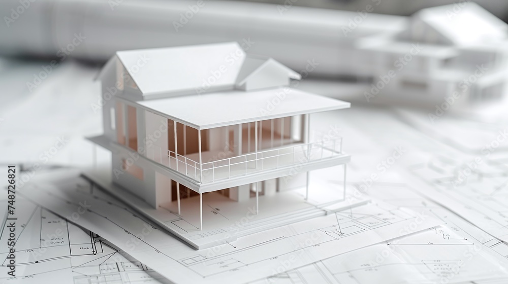 concept of model house on architectural blueprint drawings showcasing ...