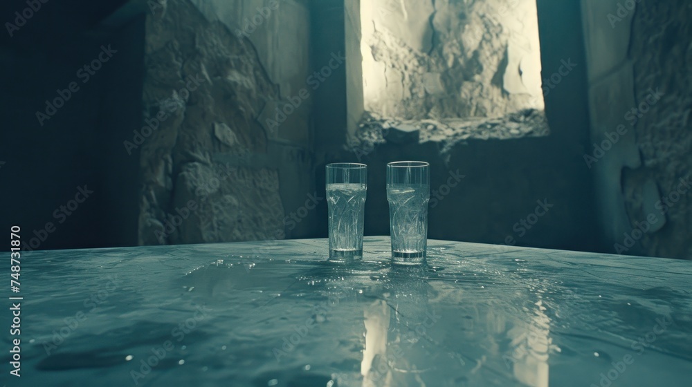 two glasses of water sit on a table in a room with a stone wall and a ...